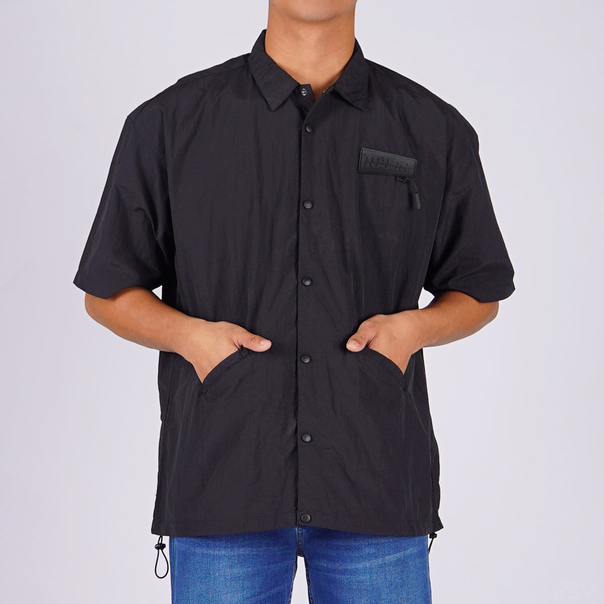 RRJ Men's Basic Woven Shirt Boxy Fitting Taslan Fabric 160614 (Black ...